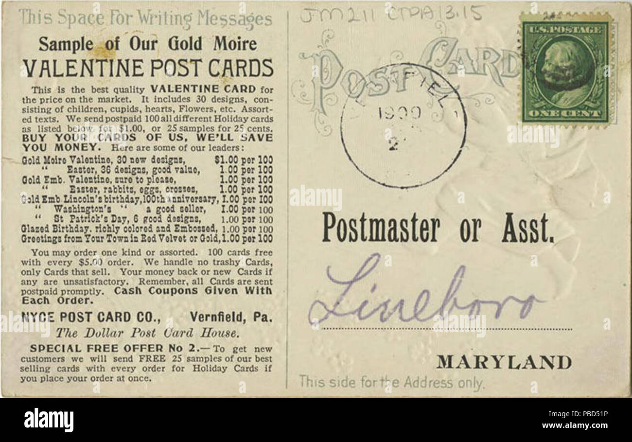 1285 Sample of the Gold Moire Valentine Postcards, advertisement for ...
