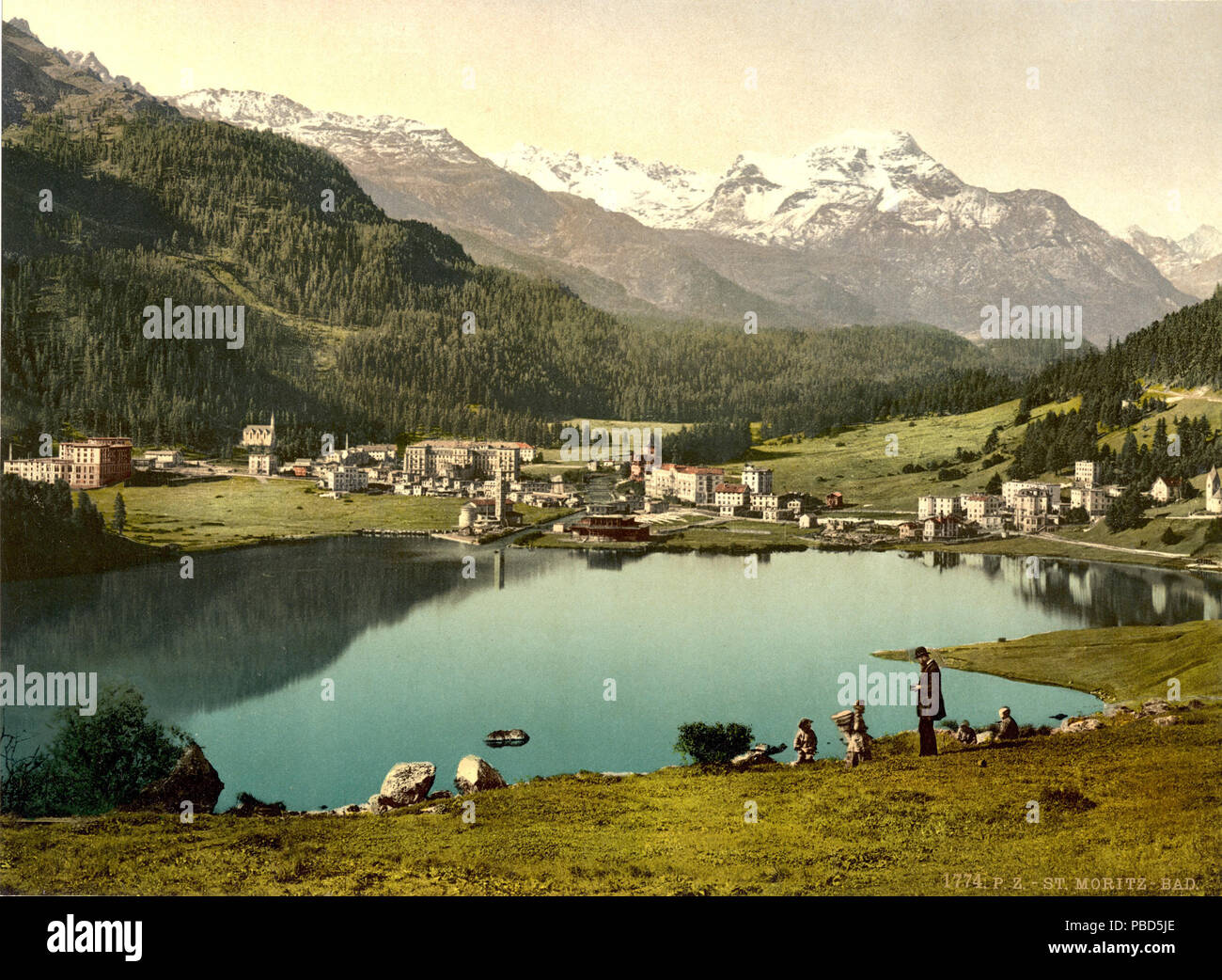 . English: St. Moritz Bad (c. 1900), Lake St. Moritz in the foreground ...