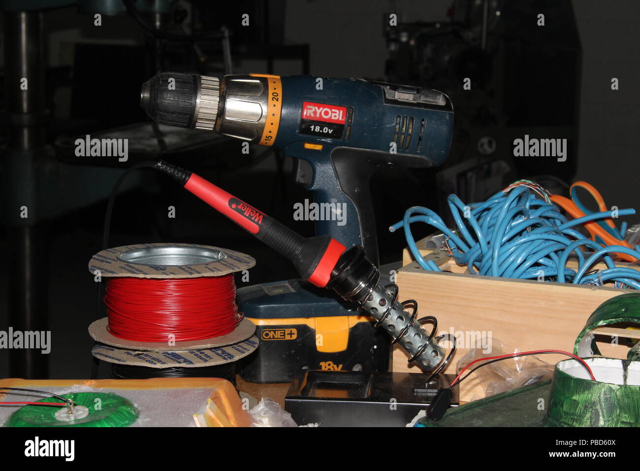 Workshop tools and equipment on a work bench Stock Photo - Alamy