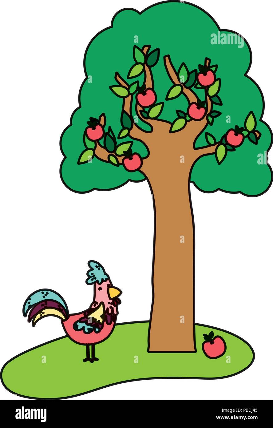 color apple tree and rooster farm animal Stock Vector Image & Art - Alamy