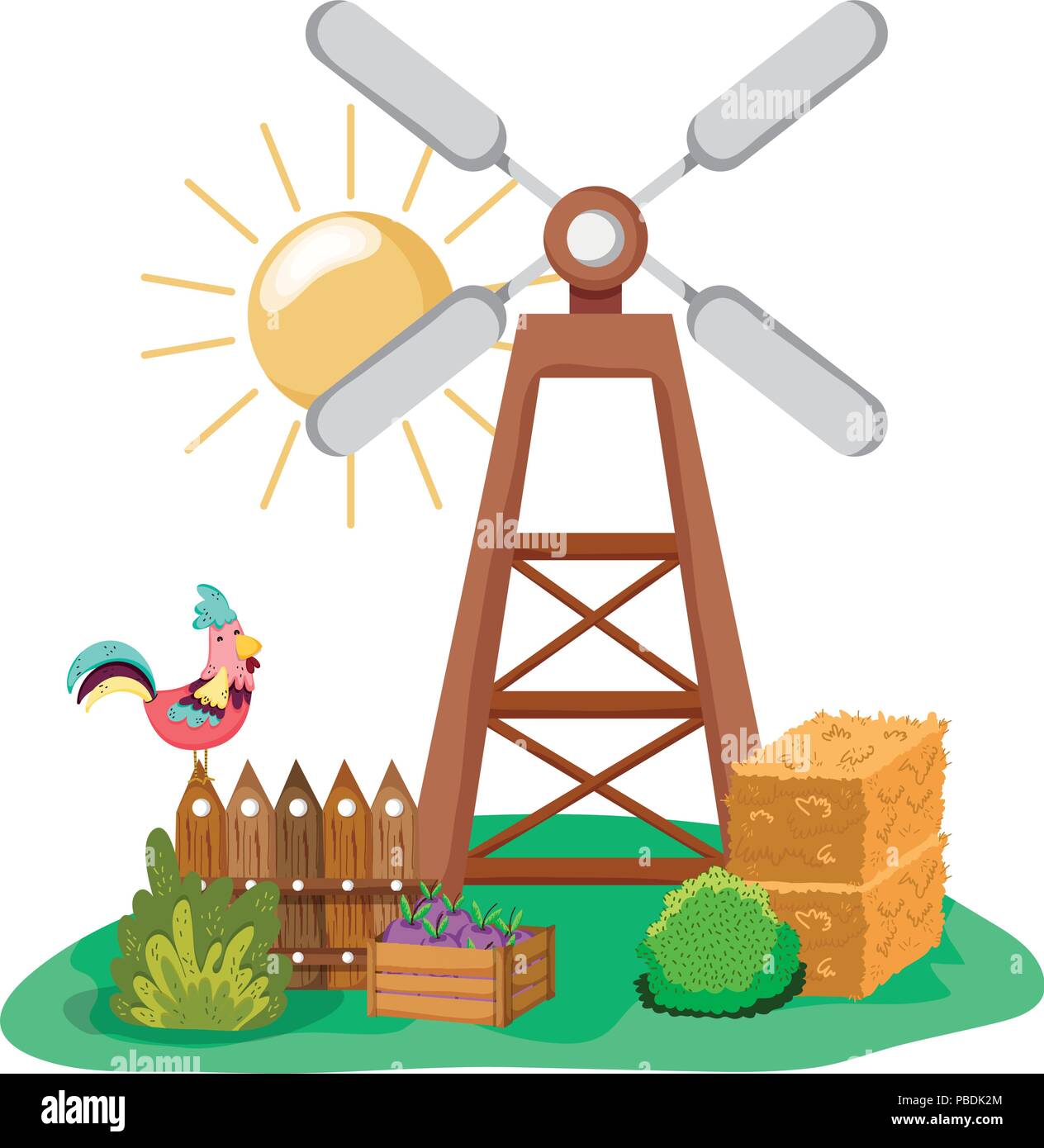 windmill with farm straw bale and eggplants inside box Stock Vector ...