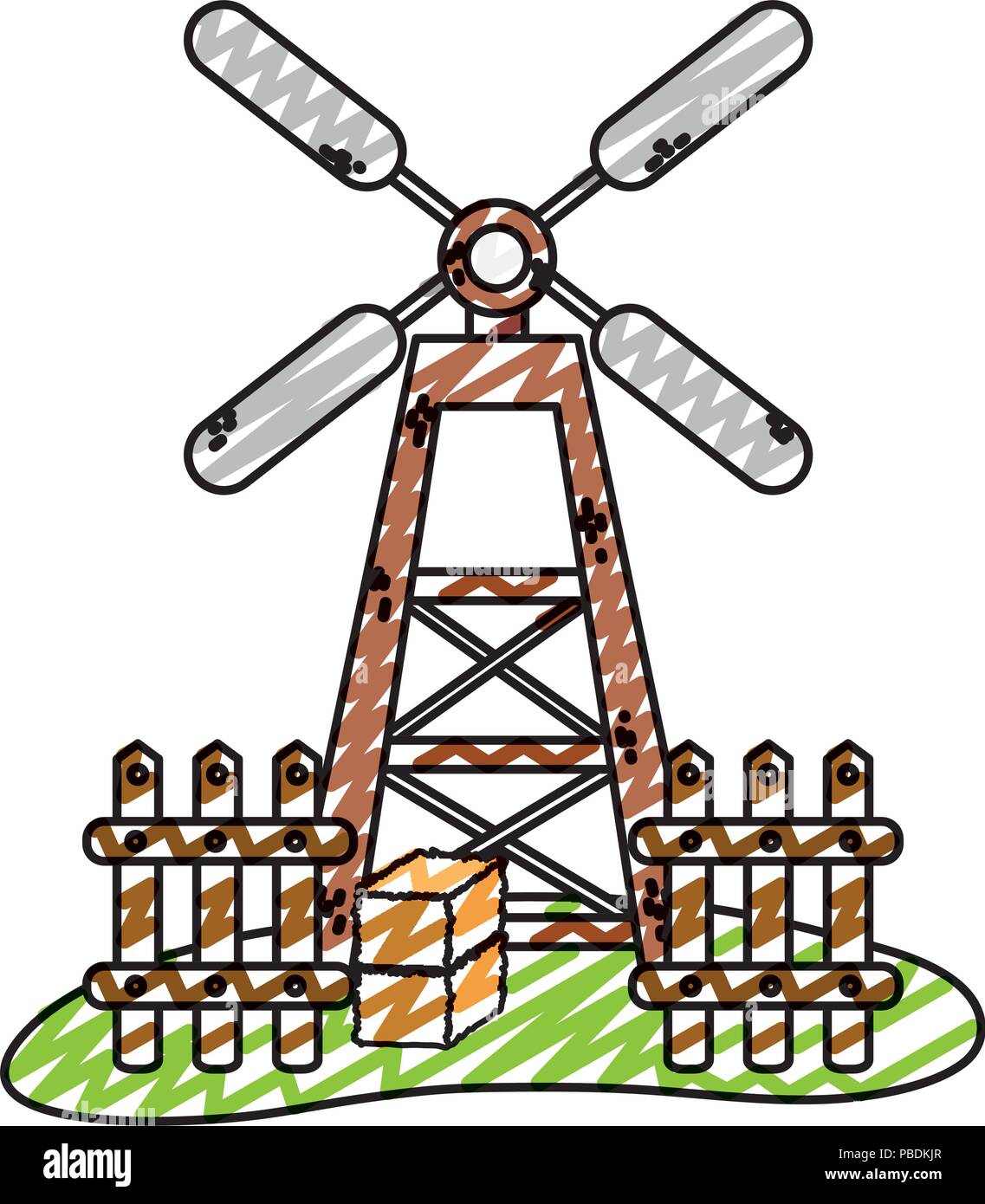 doodle nature windmill with wood grillage and straw bale Stock Vector ...