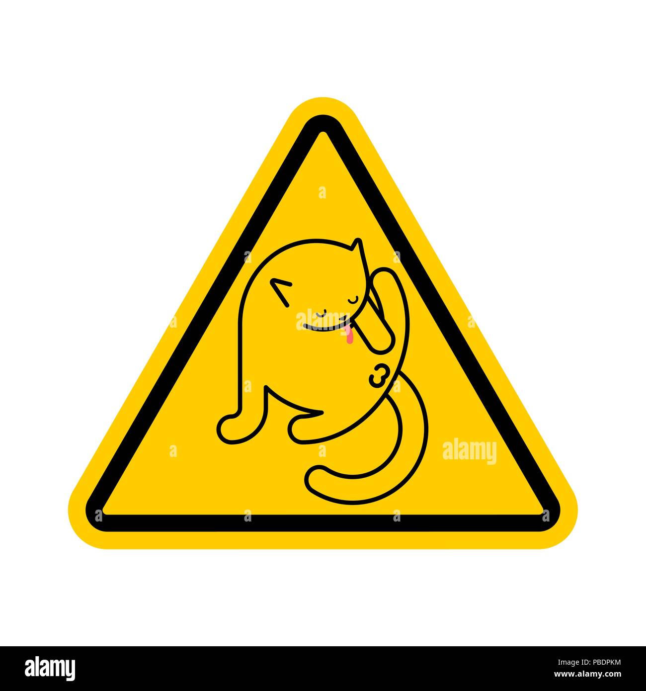 Attention cat licks itself. Yellow prohibitory road sign. Danger pet ...