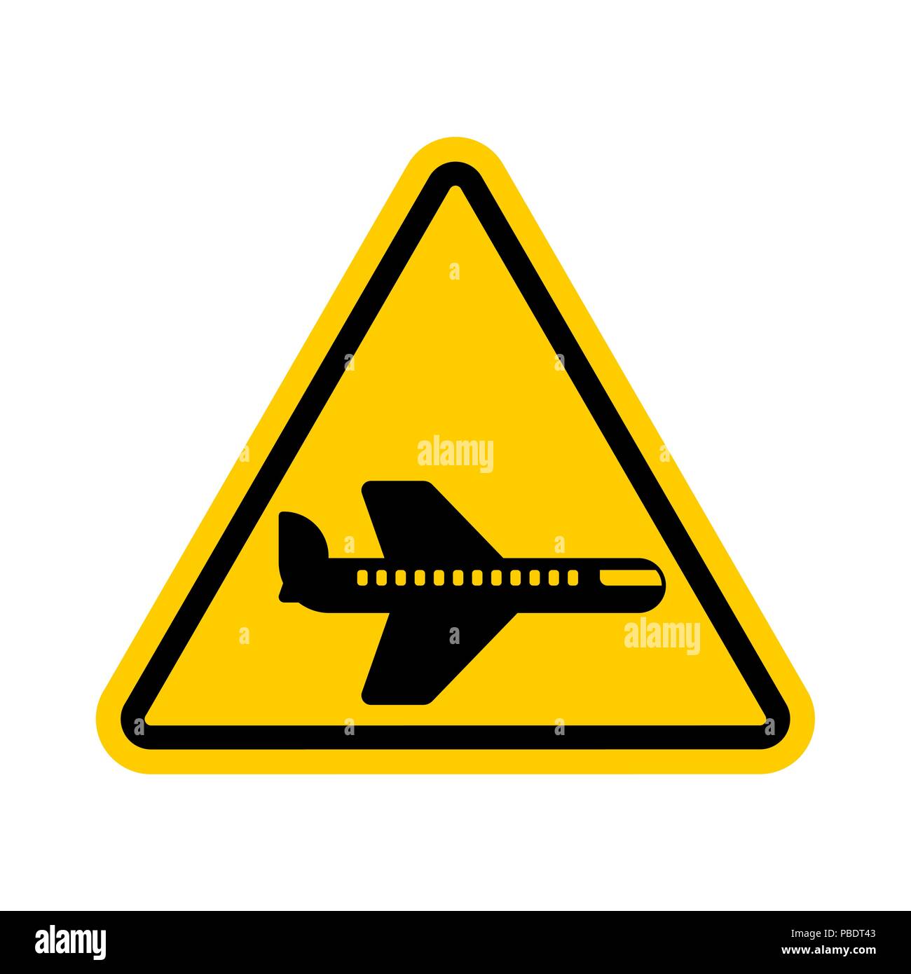 Attention aircraft. Yellow prohibitory road sign. Danger Airliner ...