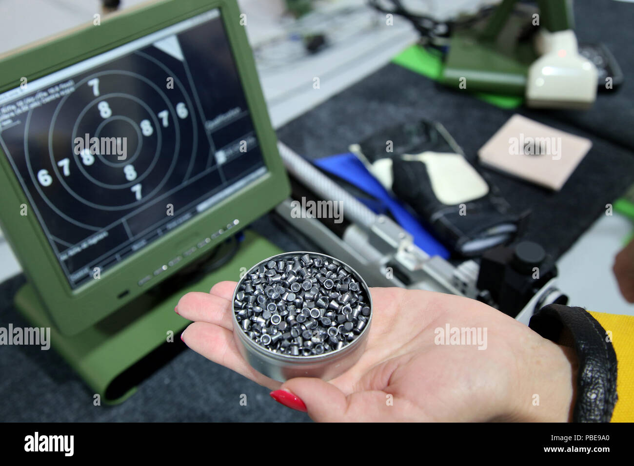 air rifle and 10m target monitor on sports competition Stock Photo - Alamy