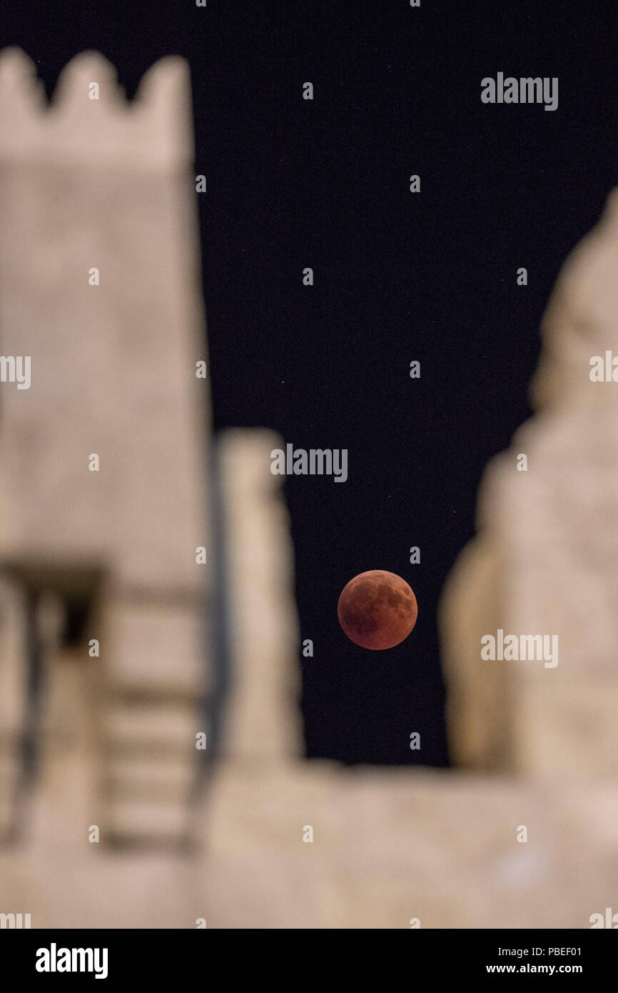 Jerusalem. 27th July, 2018. Photo taken on July 27, 2018 shows the moon ...