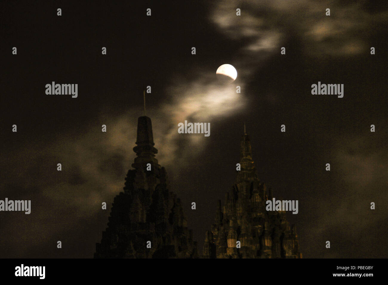 Yogyakarta, INDONESIA. 28th July, 2018. The moon is visible with the ...