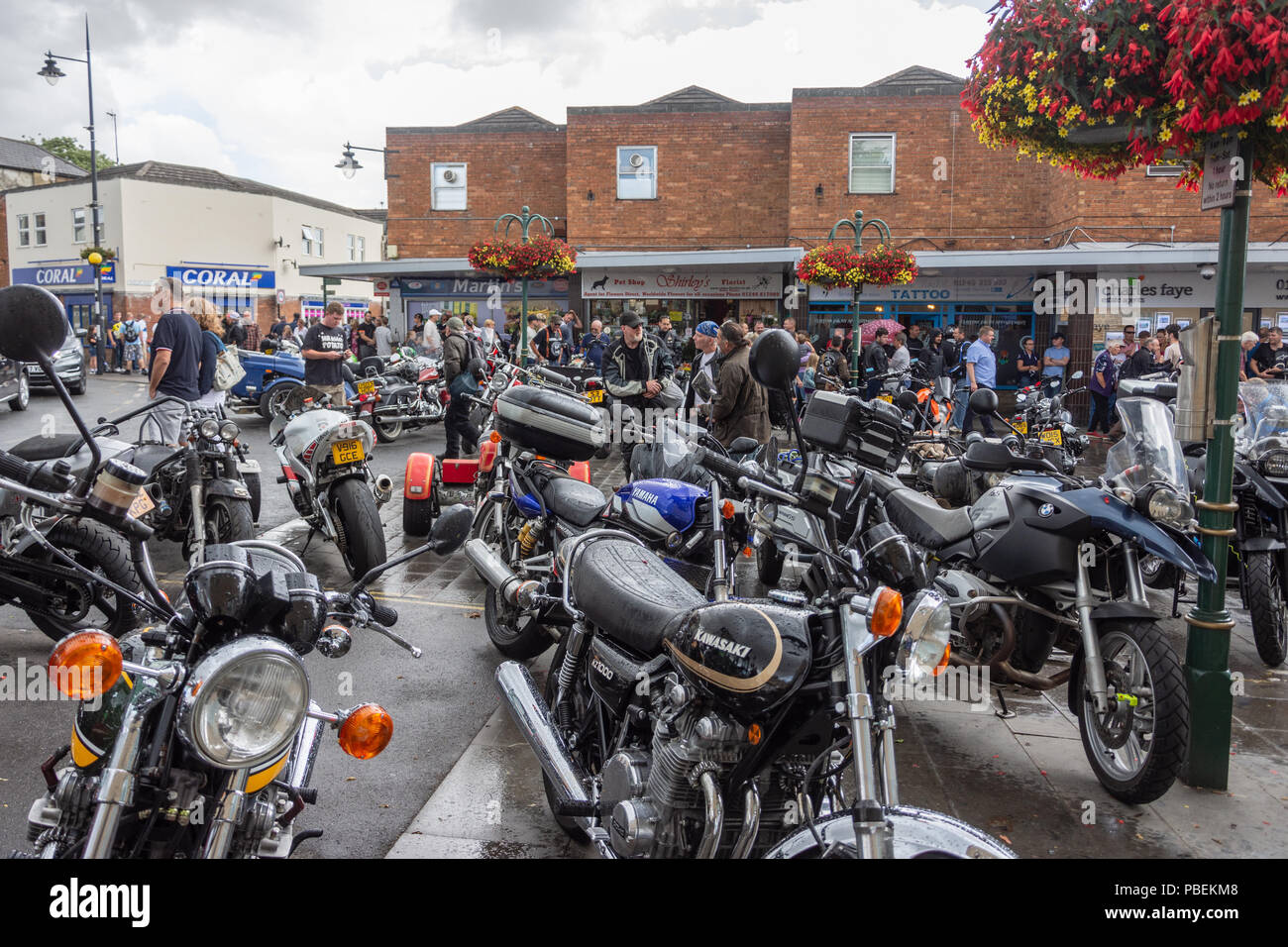 Calne, Wiltshire, UK, 28th July 2018 Motorbikes in front of shops and ...