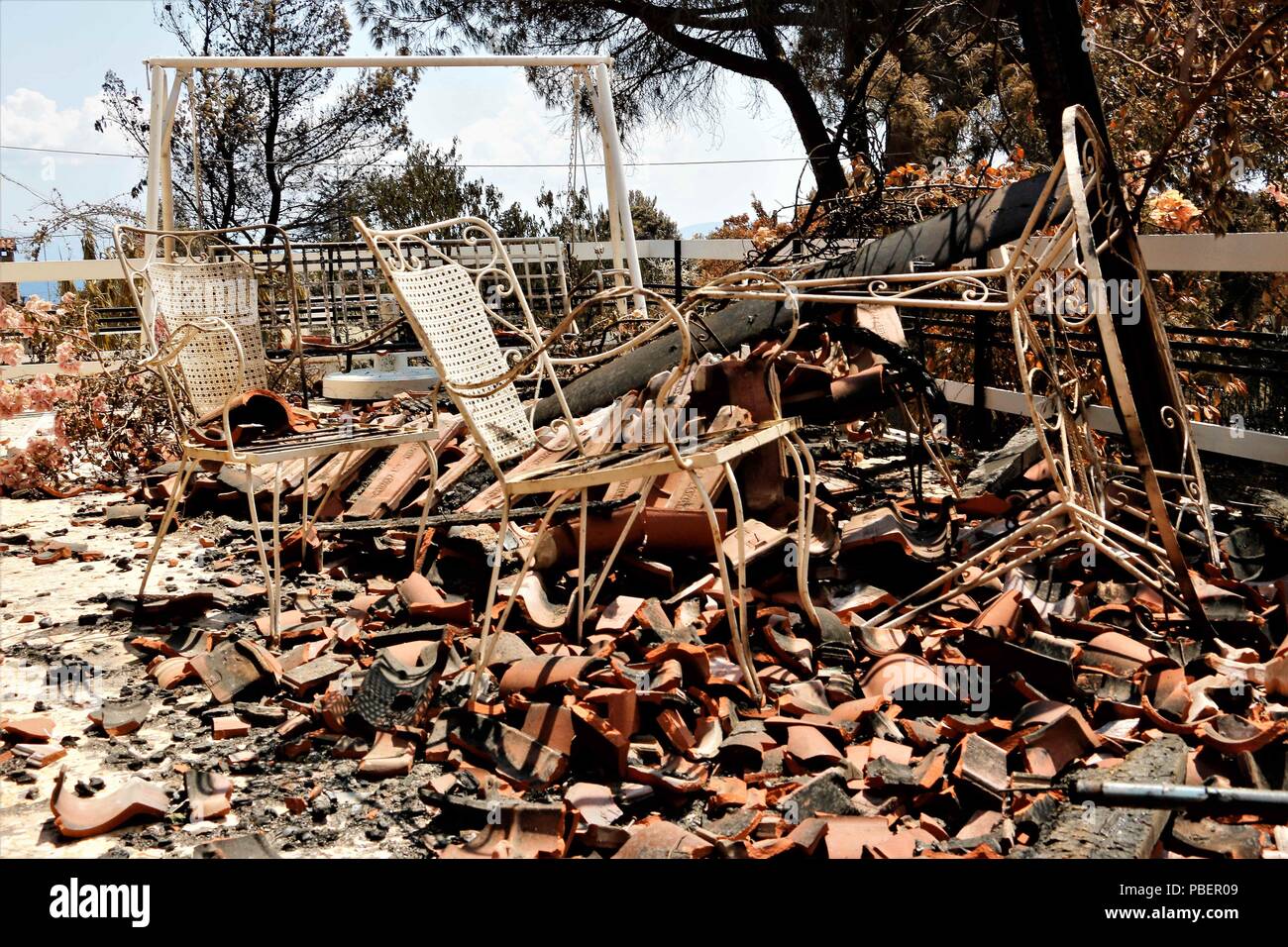 Athens, Greece. 28th July, 2018. A view of the destroyed furniture.A ...