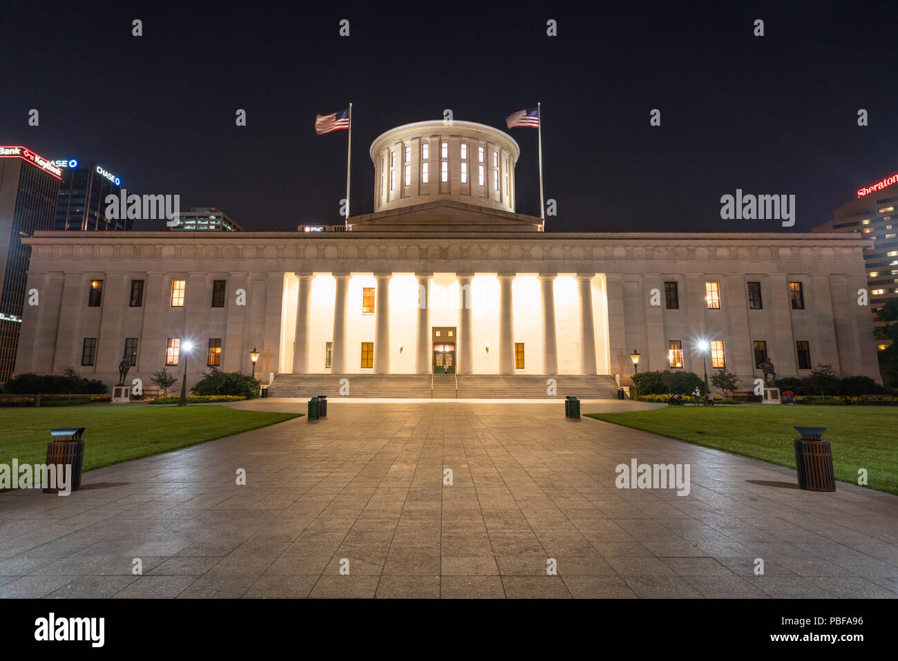 COLUMBUS, OH - JUNE 17, 2018: Facade of Ohio Capital building at night ...