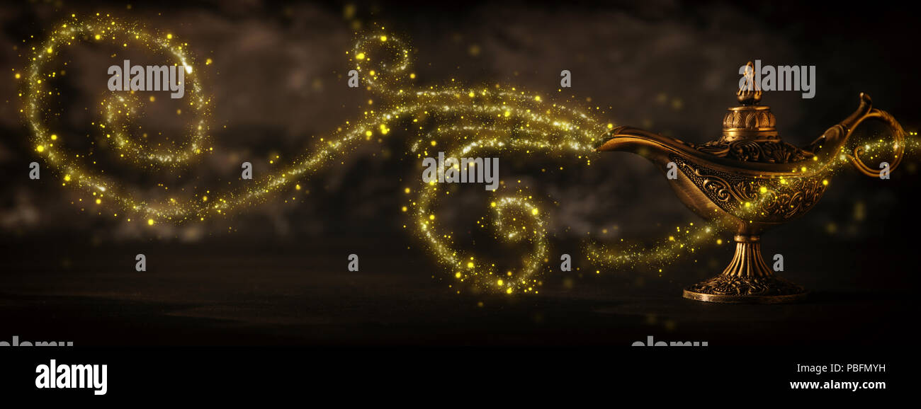 Image of magical mysterious aladdin lamp with glitter sparkle smoke ...