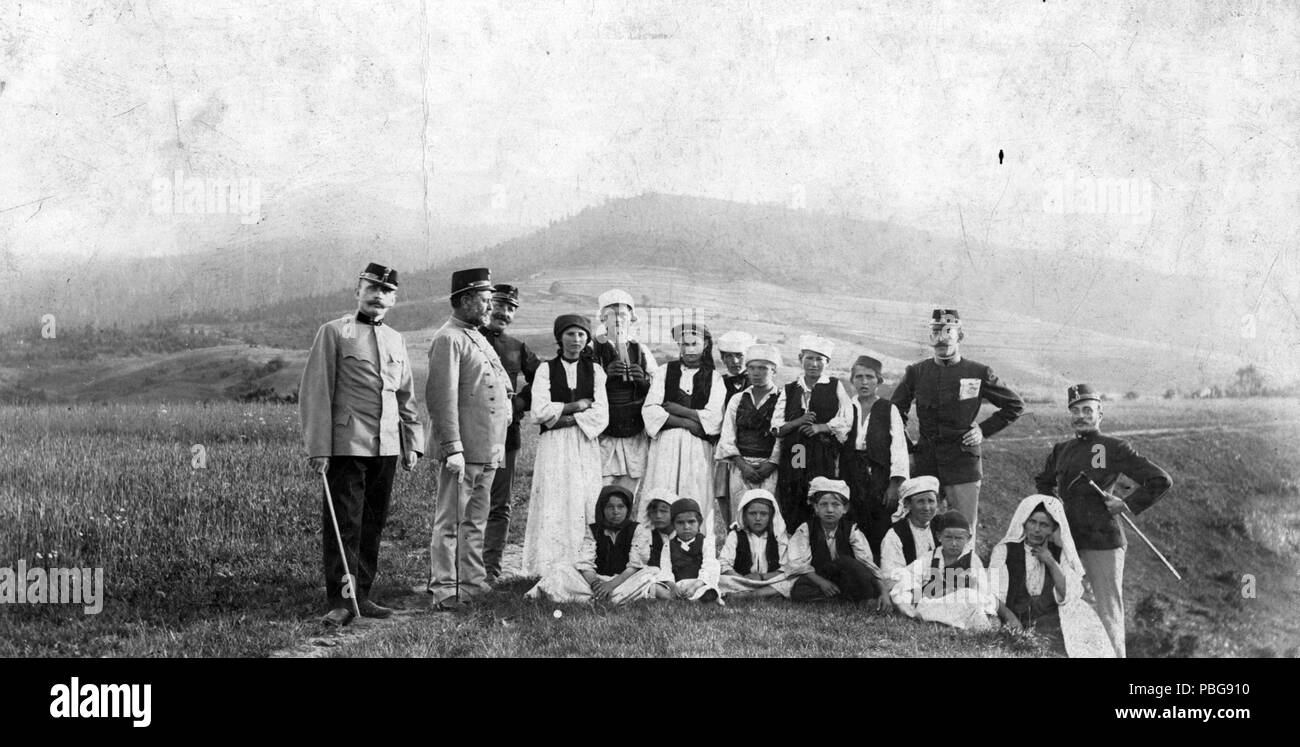 1596 Tableau, folk costume, sword, musical instrument, men, women, kids ...