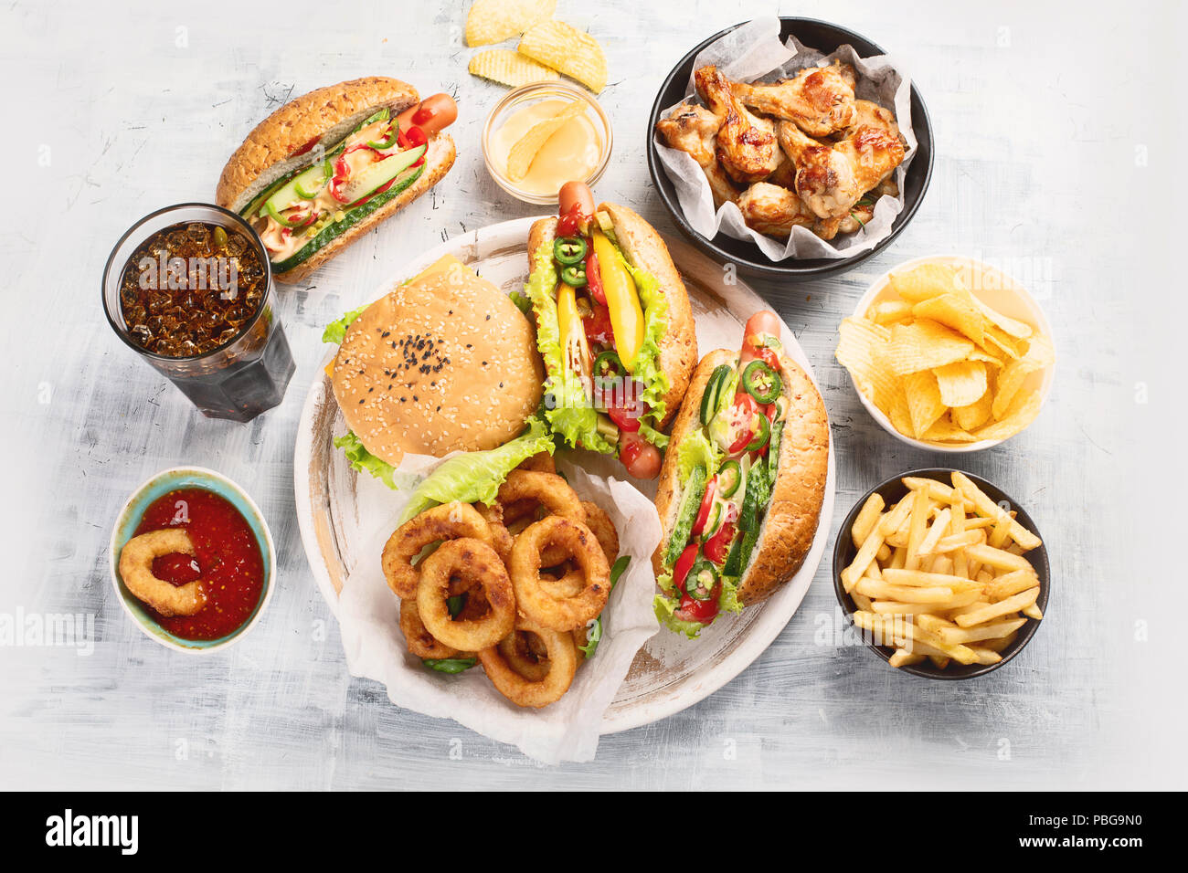 Fast food. Street and Takeaway food. Top view Stock Photo - Alamy