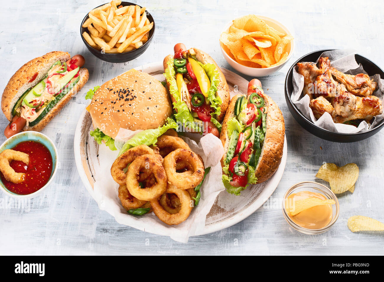 Fast food. Street and Takeaway food. Top view Stock Photo - Alamy