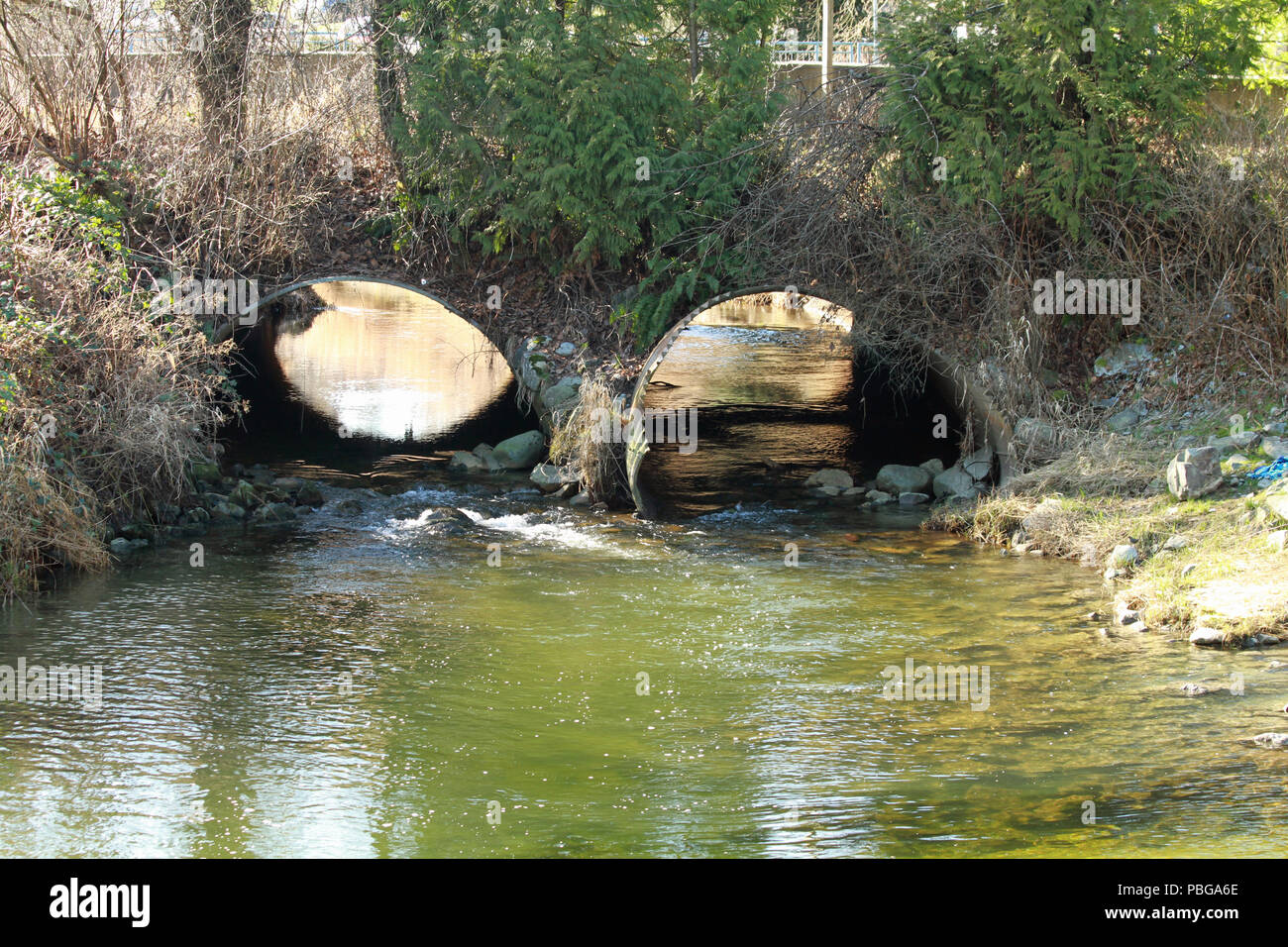 Two culverts under a road with water flowing through them Stock Photo ...