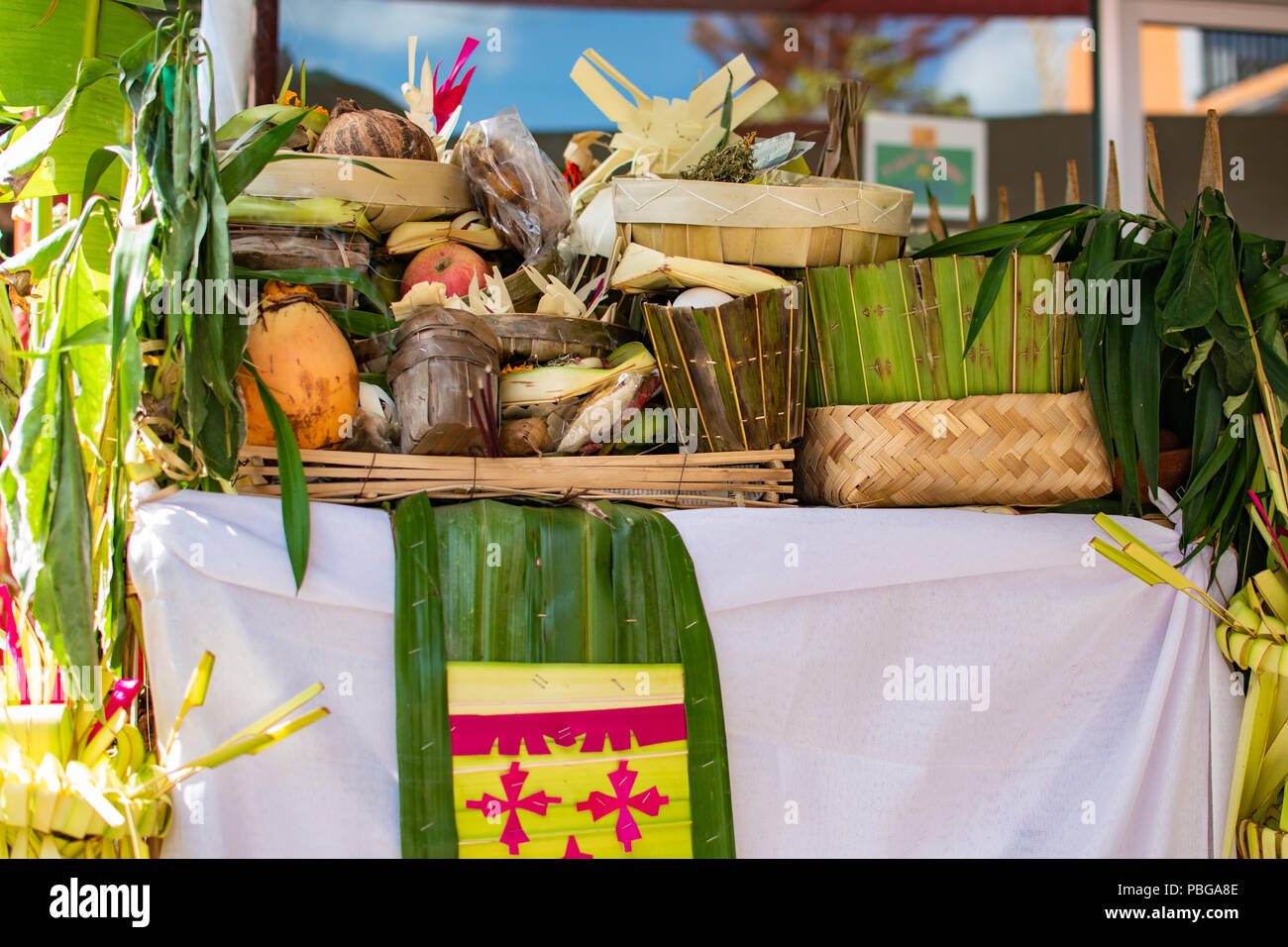 Traditional balinese offerings to gods in Bali ceremony Stock Photo - Alamy