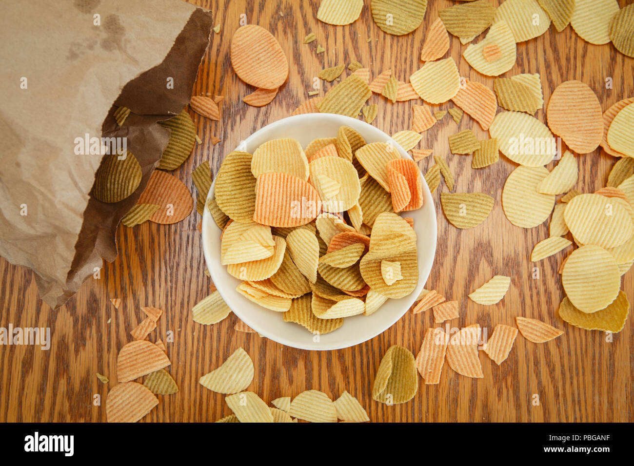 Closeup view from above of colorful veggie potato, tomato, spinach ...