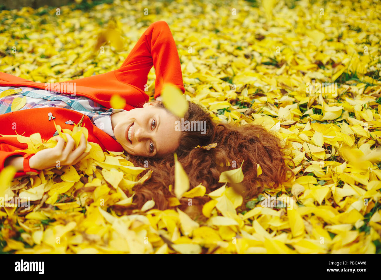 Beautiful Girl Falling Leaves Colors High Resolution Stock Photography ...