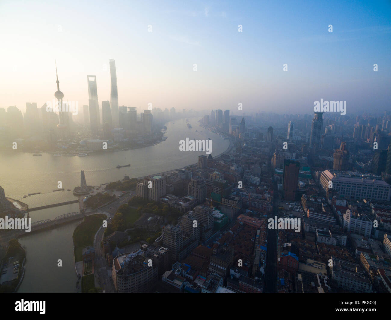 aerial view of Shanghai city by the harbor Stock Photo - Alamy