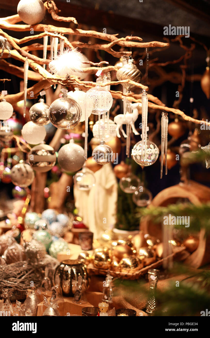 Christmas baubles and trinkets for sale on a mrket stall at Christmas ...