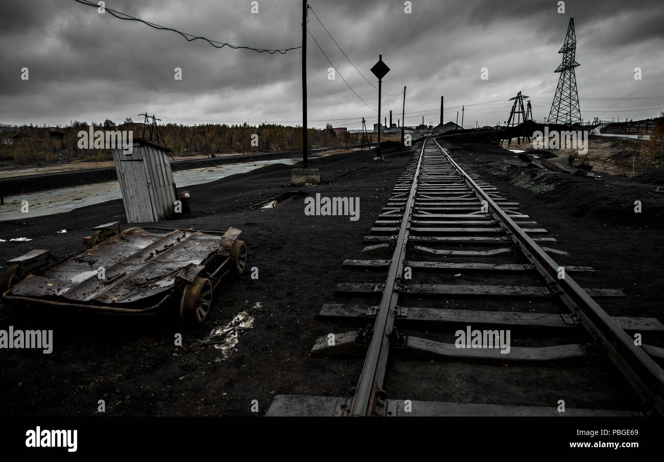 landscape with railway, pollution of the environment emission of ...