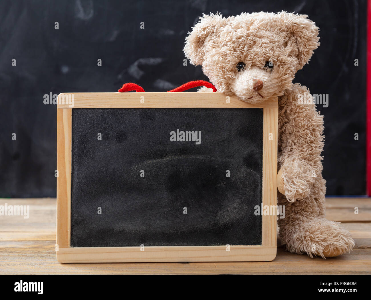 Back to school. Teddy bear and blank blackboard with frame on wooden ...