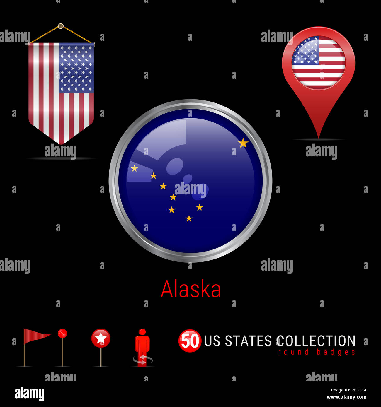 Round Silver Badge with Alaska US State Flag. Glossy Button Flag of ...