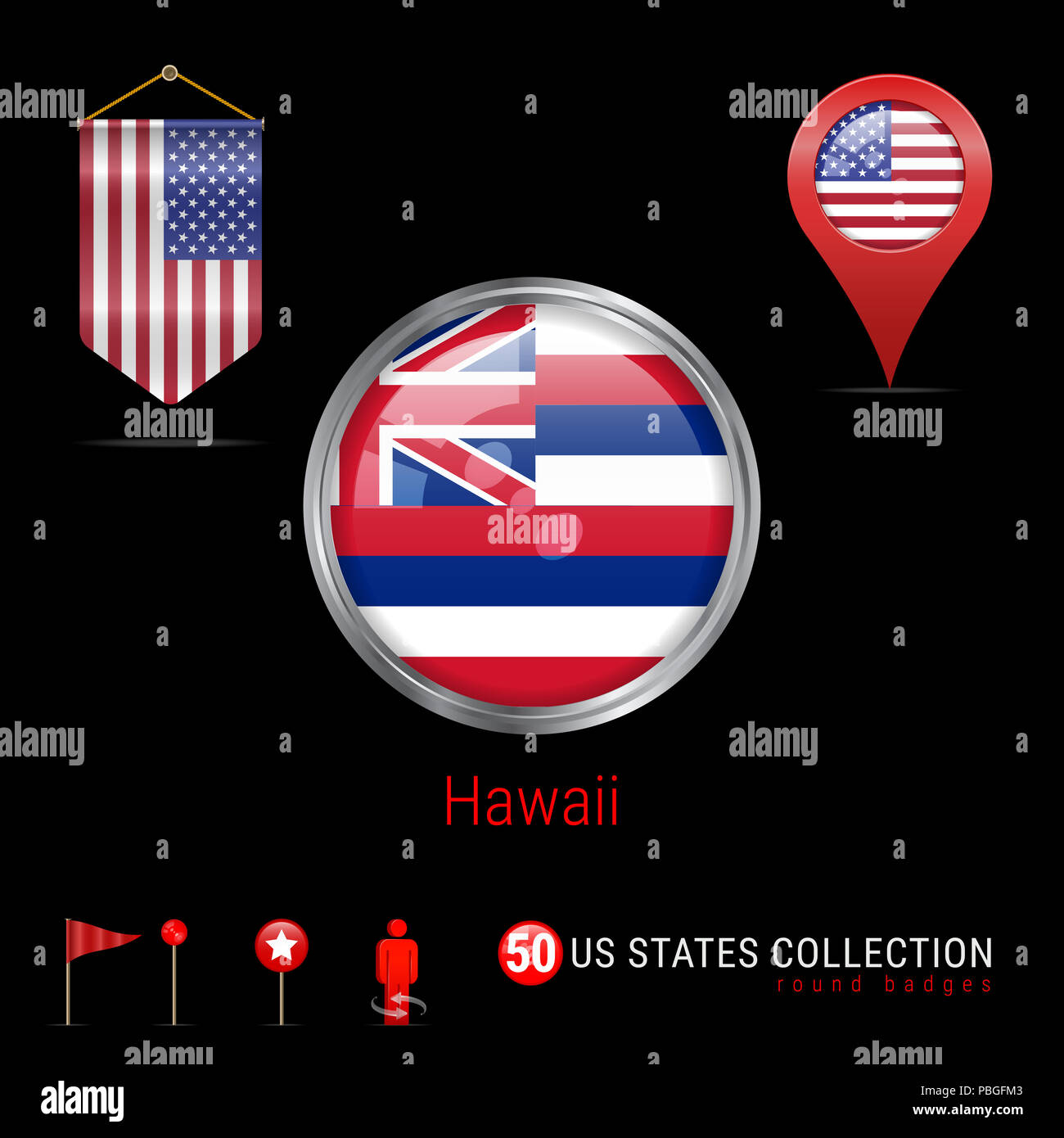 Round Silver Badge with Hawaii US State Flag. Glossy Button Flag of ...