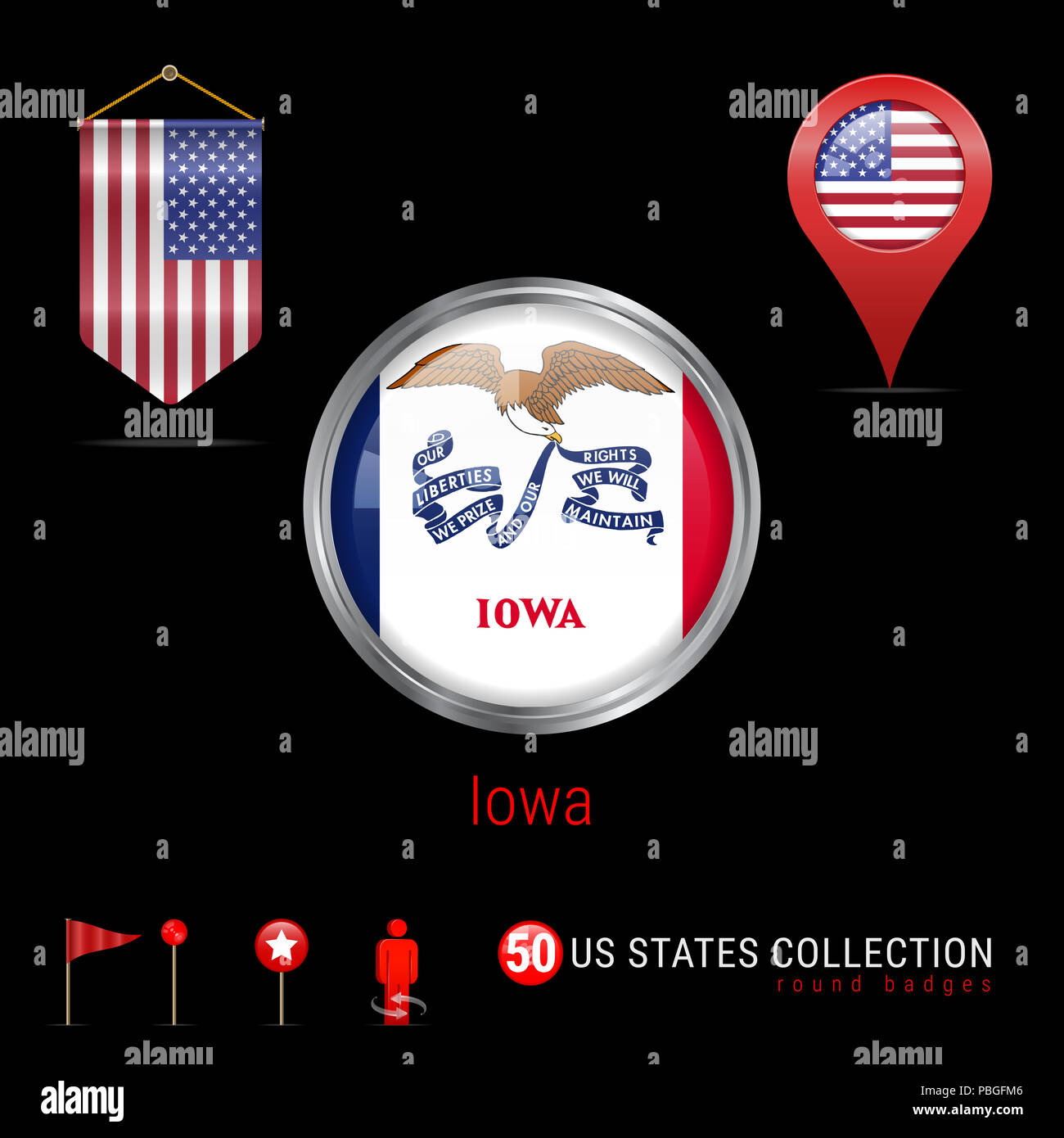 Round Silver Badge with Iowa US State Flag. Glossy Button Flag of Iowa ...