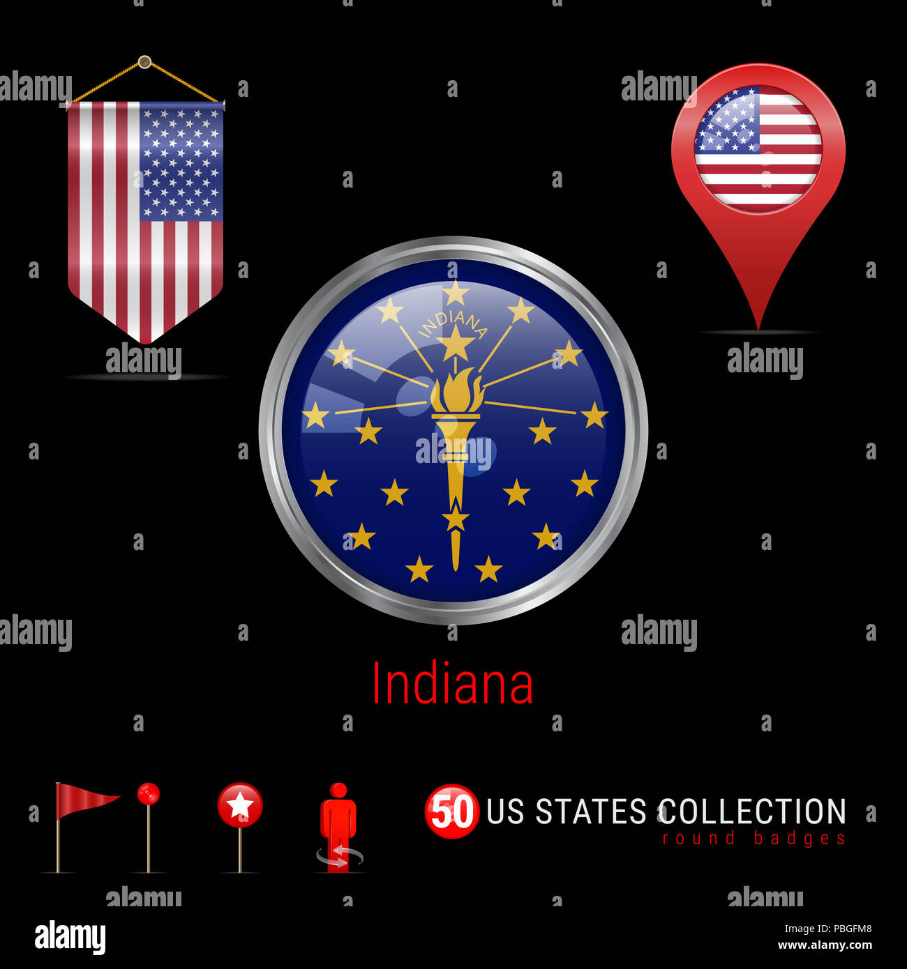 Round Silver Badge with Indiana US State Flag. Glossy Button Flag of ...