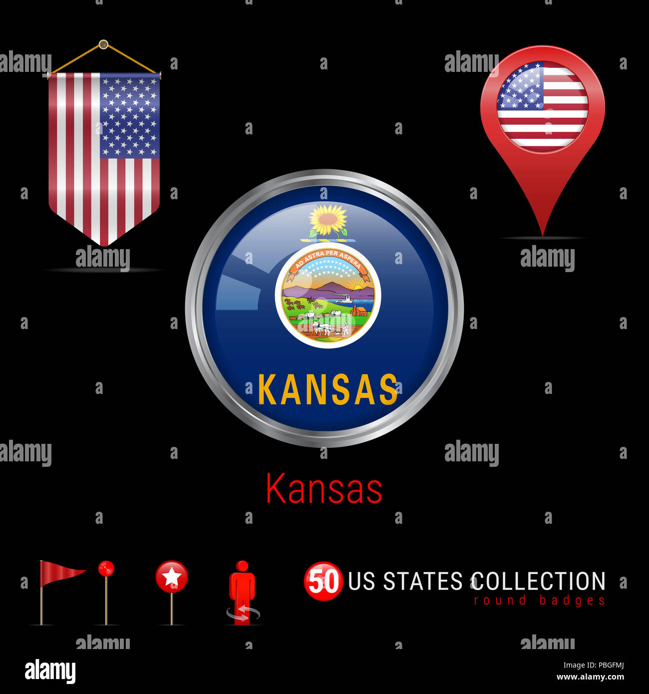 Round Silver Badge with Kansas US State Flag. Glossy Button Flag of ...