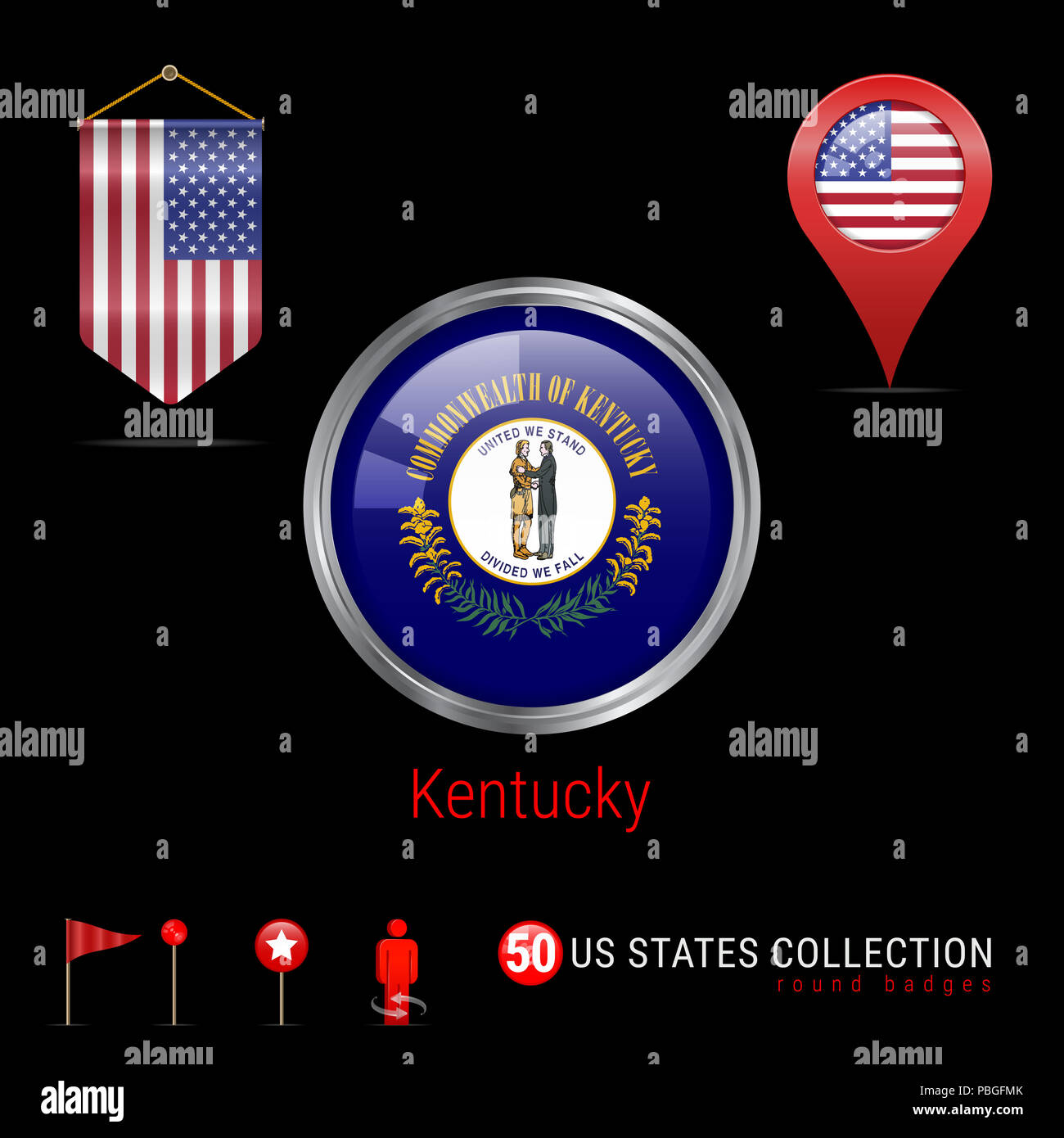 Round Silver Badge with Kentucky US State Flag. Glossy Button Flag of ...