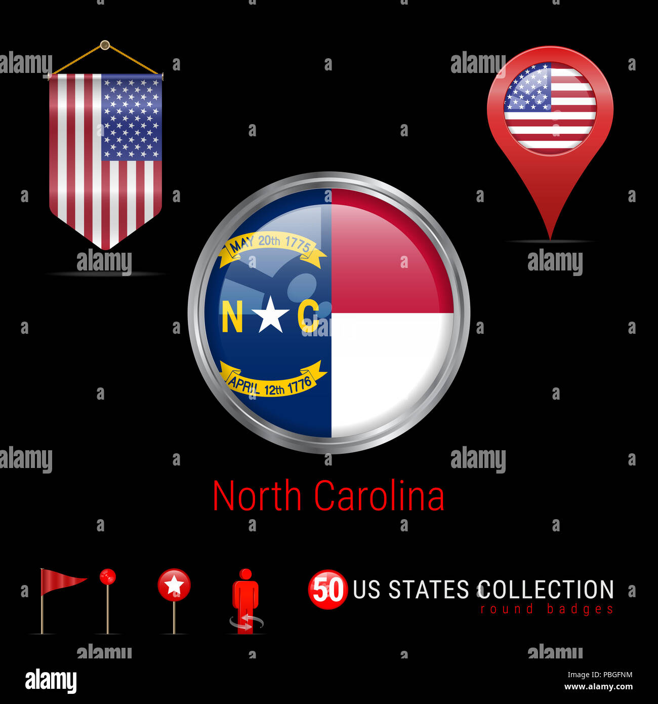 Badge with North Carolina US State Flag. Glossy Button Flag of North ...