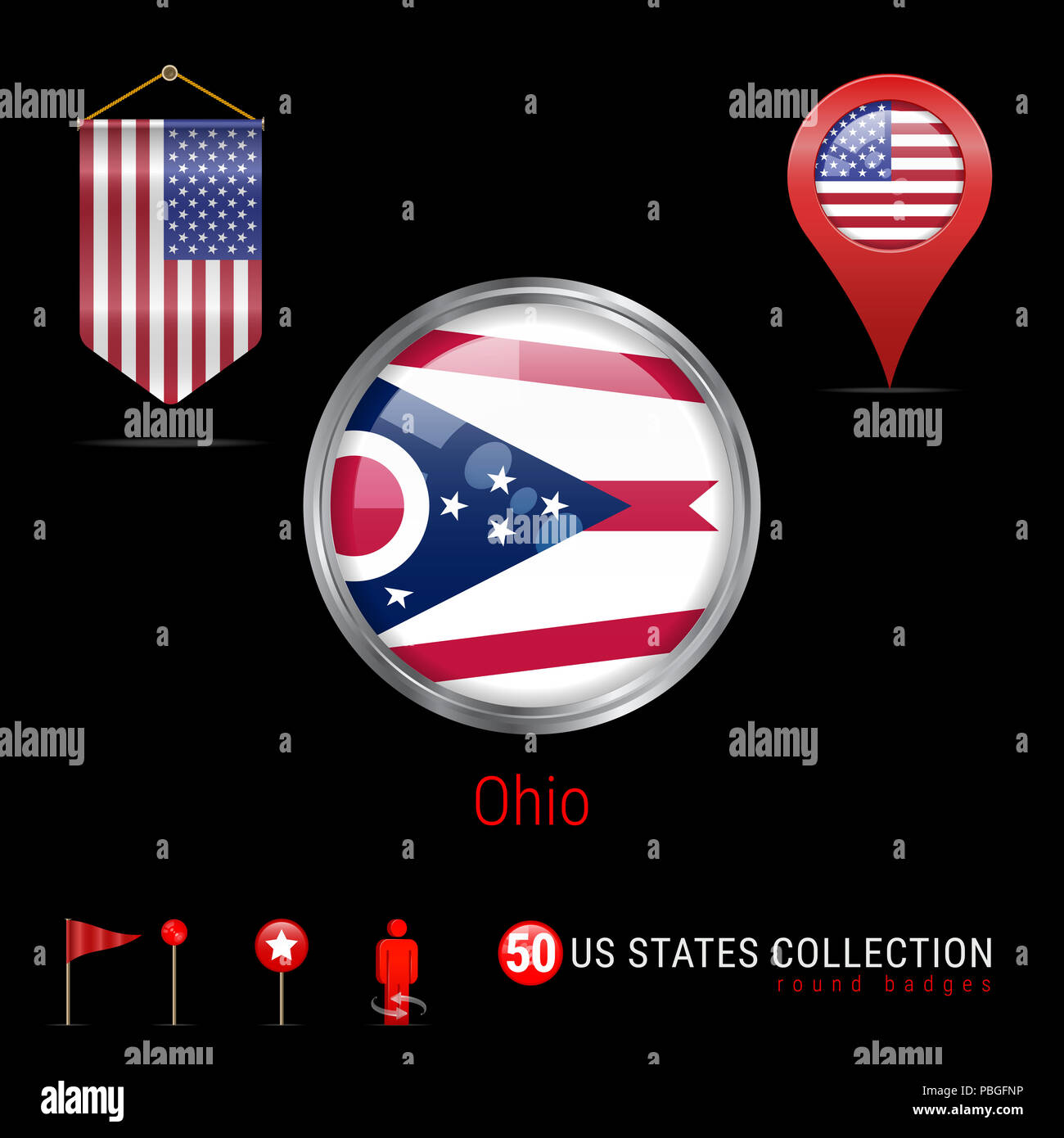 Round Silver Badge with Ohio US State Flag. Glossy Button Flag of Ohio ...