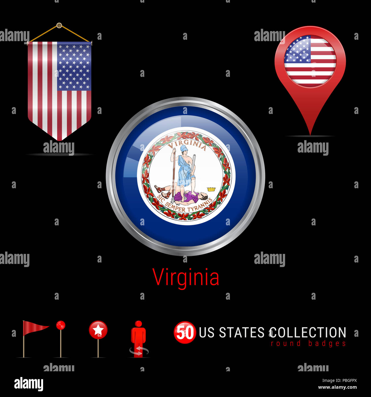 Round Silver Badge with Virginia US State Flag. Glossy Button Flag of ...
