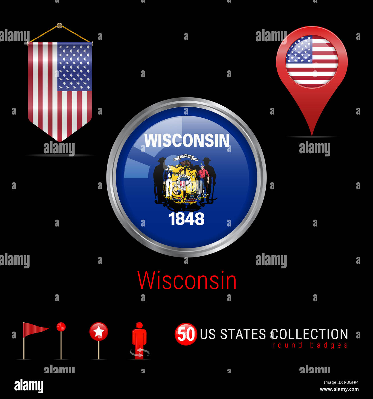 Round Silver Badge with Wisconsin US State Flag. Glossy Button Flag of ...