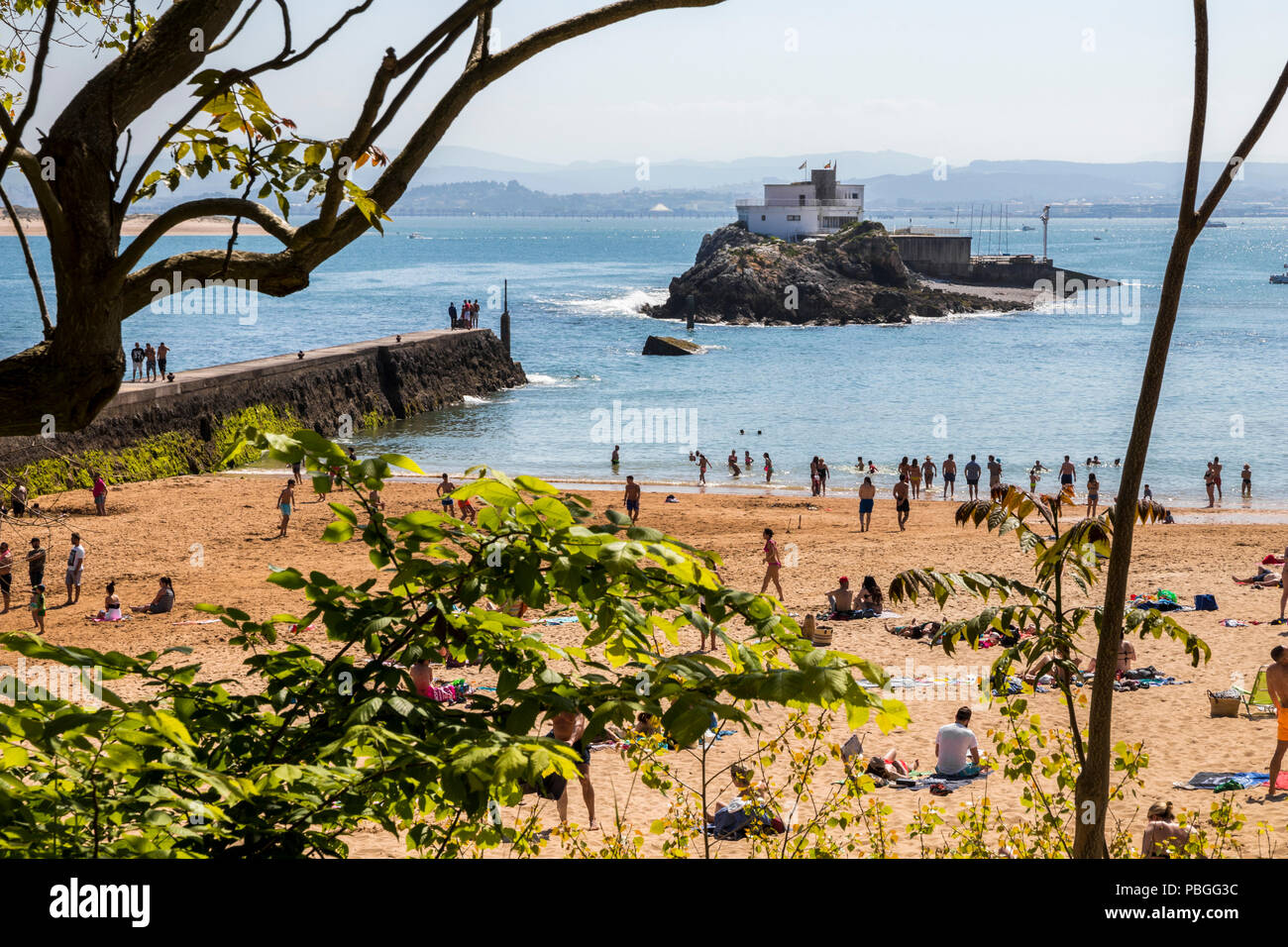 Santander, Spain. Views of the crowded Playa de los Peligros beach and ...