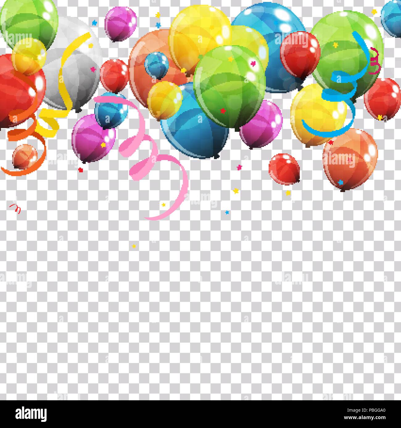 Color Glossy Balloons and Confetti on Transparent Checked Background ...