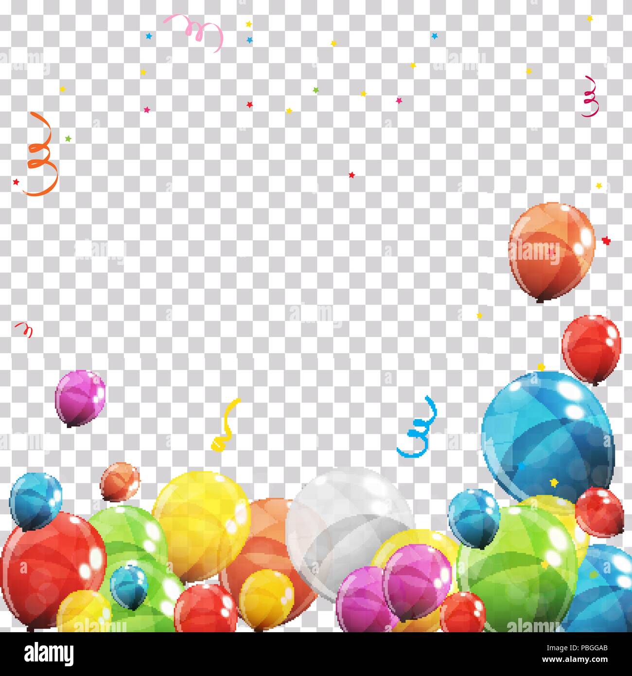 Color Glossy Balloons and Confetti on Transparent Checked Background Vector Illustration Stock ...