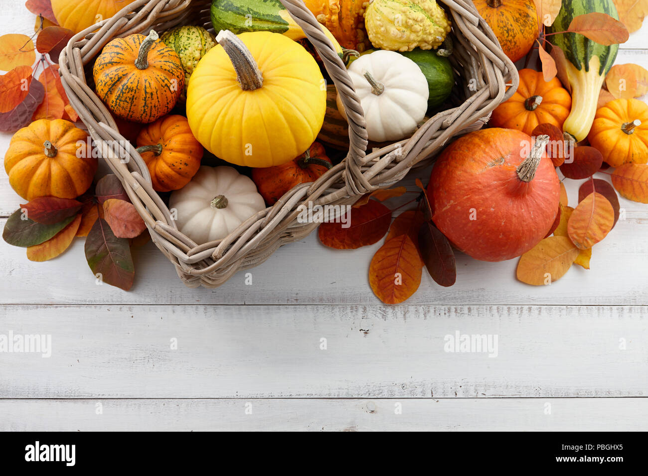 Wicker basket with colorful pumpkins and gourds for Halloween and ...