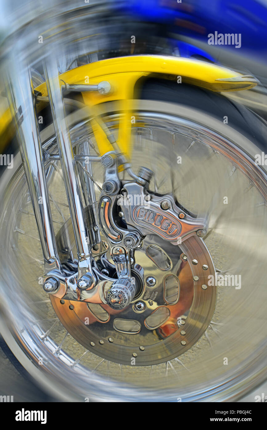 Harley Davidson motorcycle chrome suspension and disc brakes Stock ...