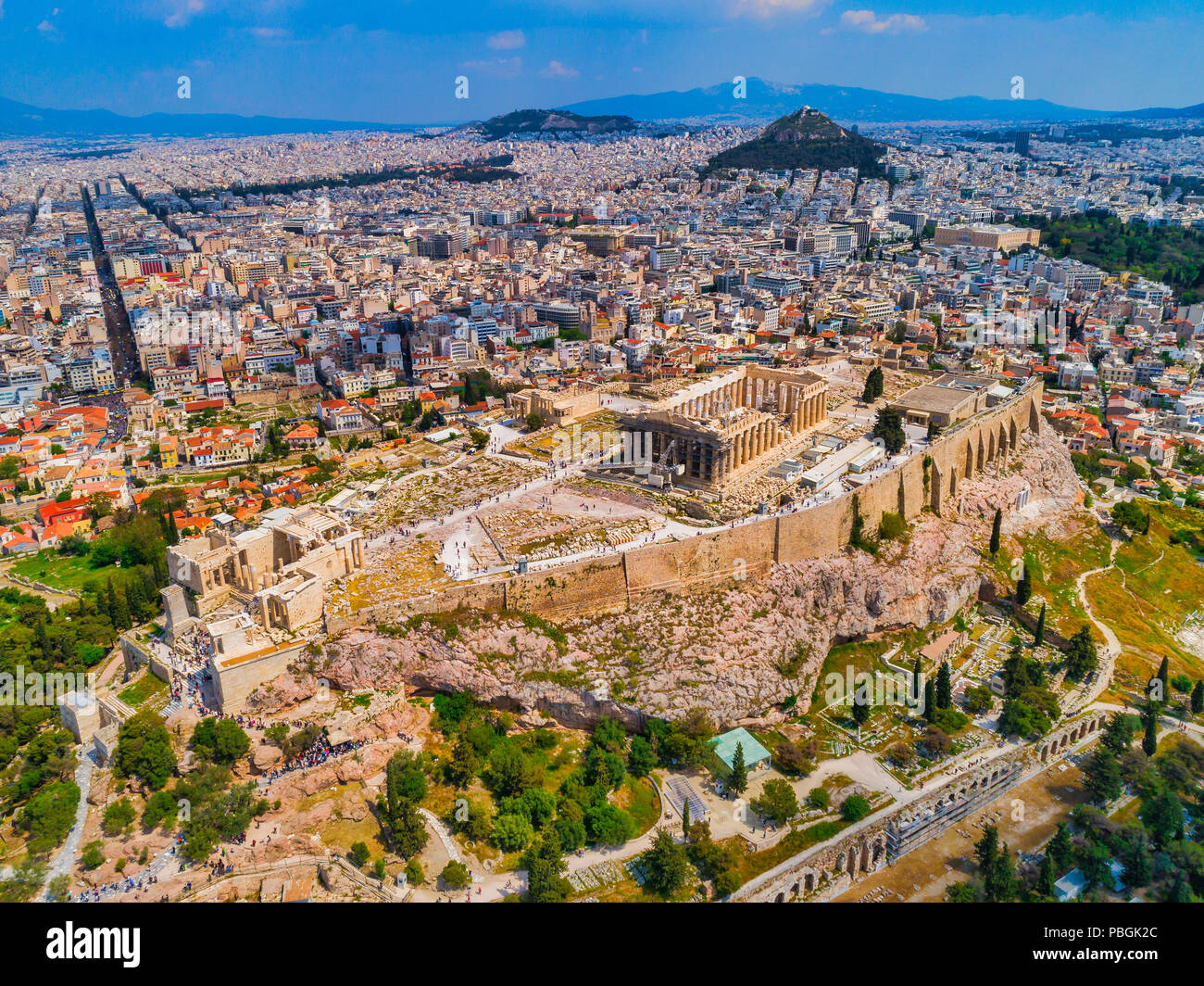 Aerial view of the ruins of the Acropolis and the skyline of Athens, on ...