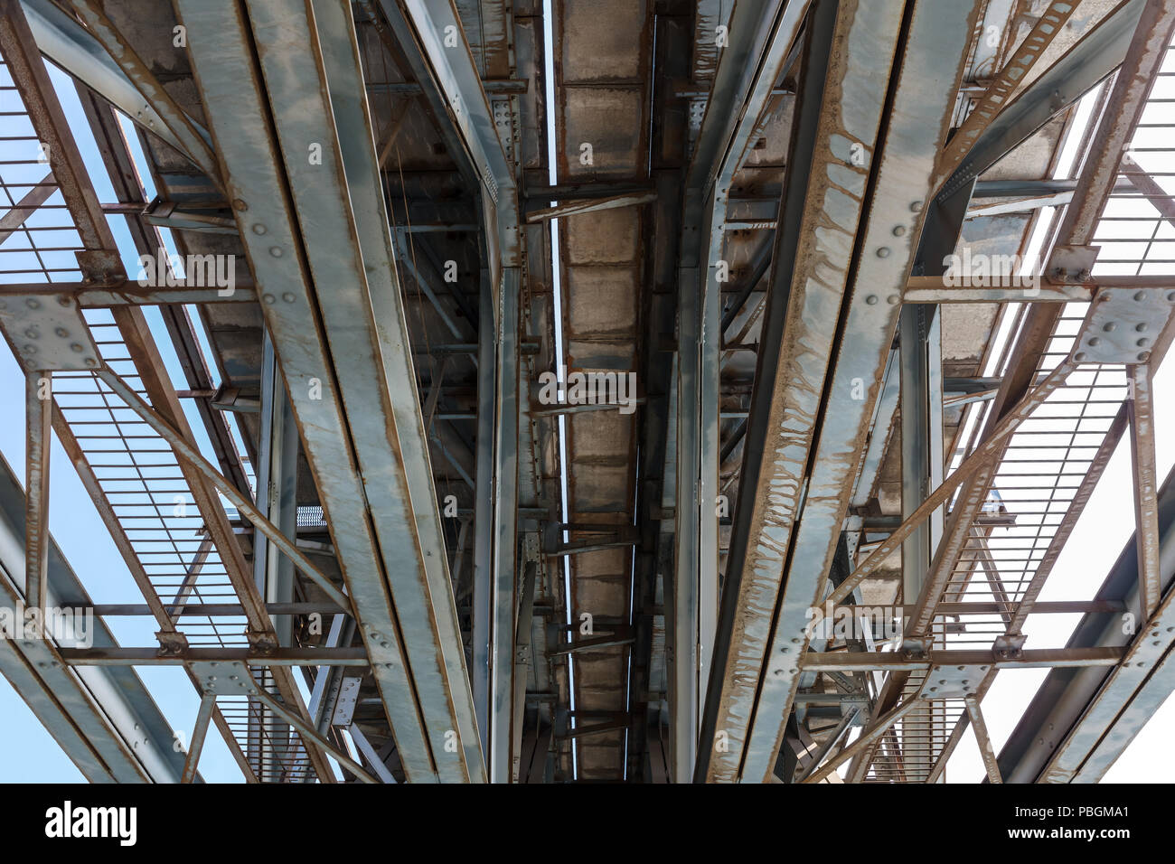 symmetrical metal structure of railroad bridge. closeup detail of ...