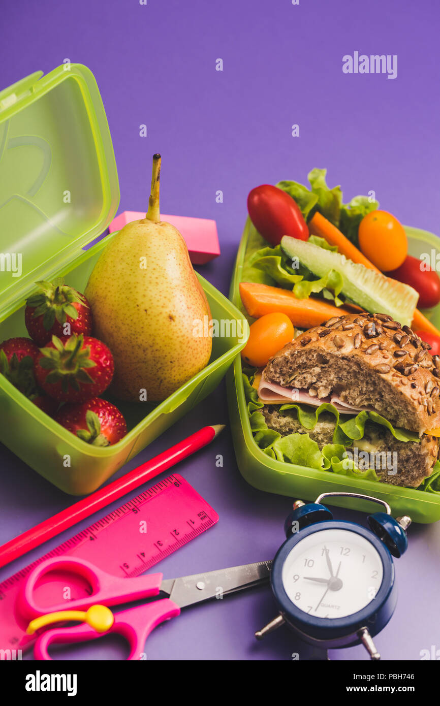 Lunch boxes with fresh breakfast. Breakfast school time concept Stock ...