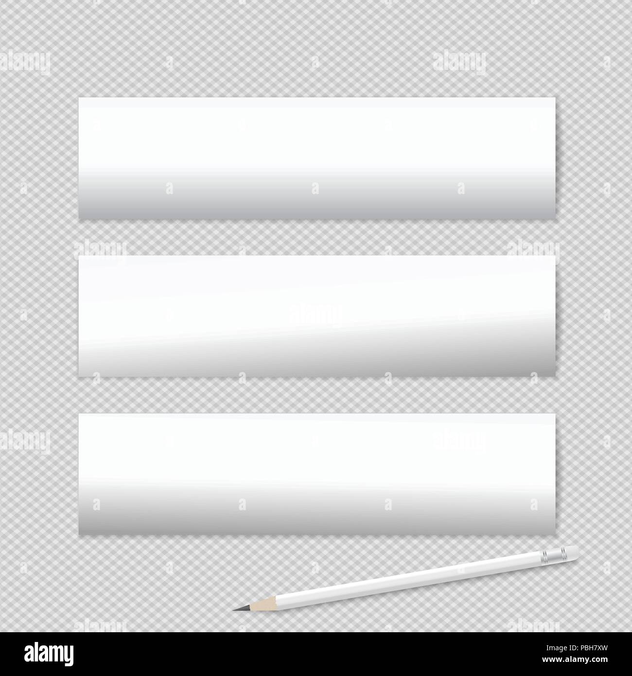 Set of white paper strips with pencil on square background for text or ...