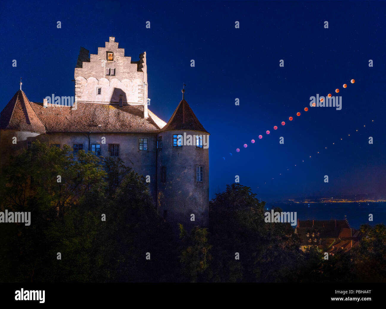Lunar eclipse and Mars rise sequence over Meersburg, Bodensee, Germany ...