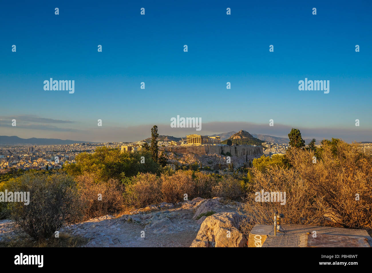 The Acropolis of Athens. Amazing view from filopappos hill at sunset ...