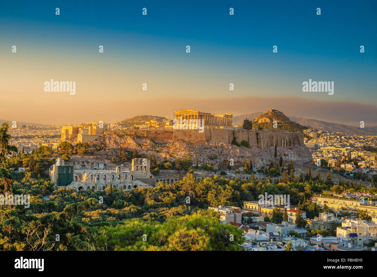 The Acropolis of Athens. Amazing view from filopappos hill at sunset ...