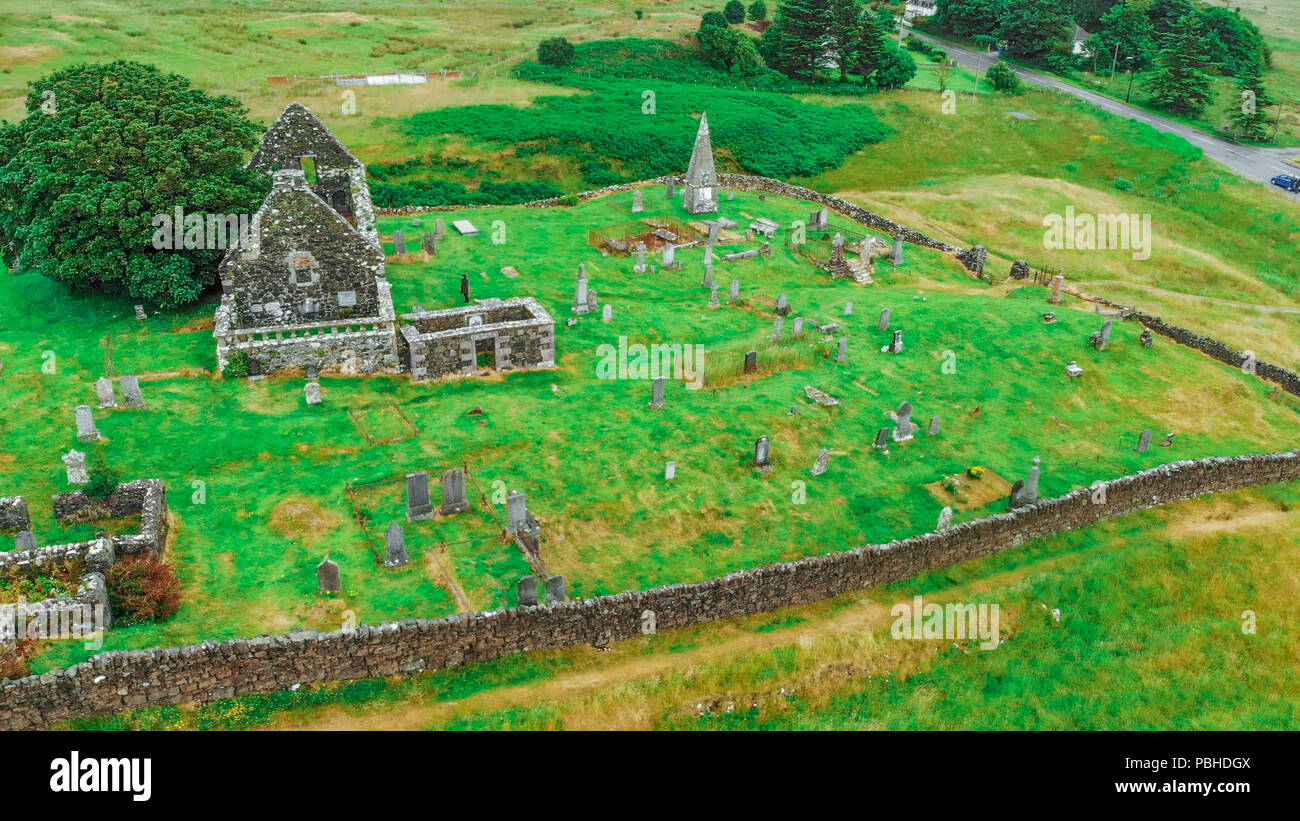 Ruins of an old church and cemetery in Scotland - aerial view Stock ...