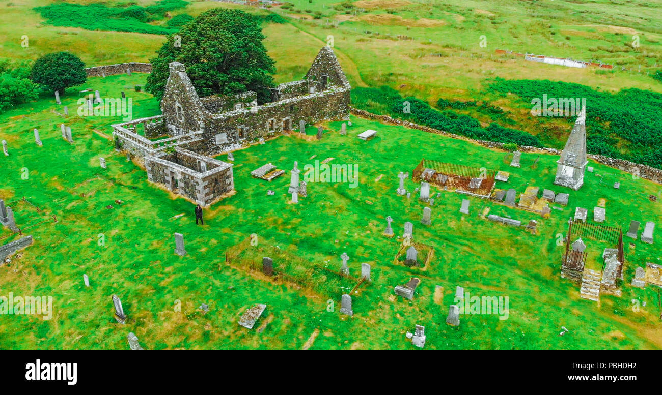 Ruins of an old church and cemetery in Scotland - aerial view Stock ...
